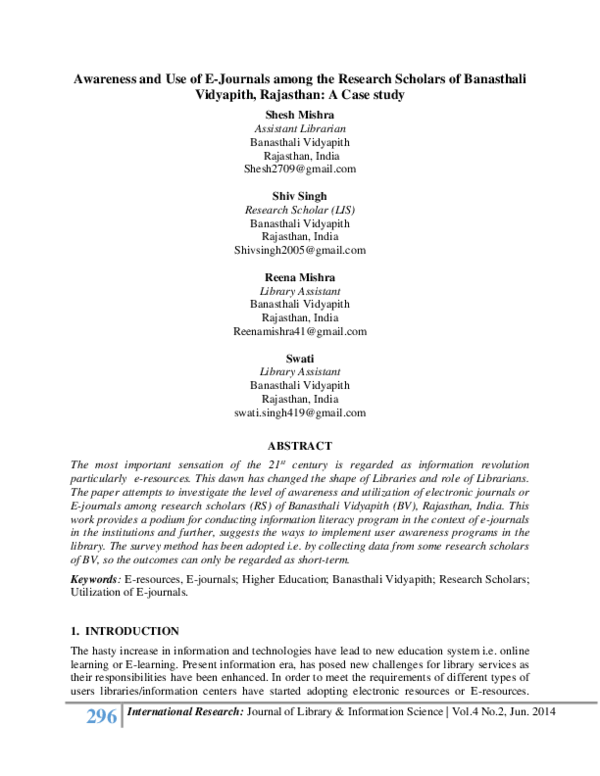 (PDF) Awareness and Use of E-Journals among the Research Scholars of ...