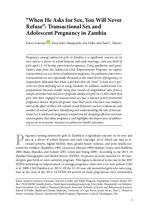 Pdf “when He Asks For Sex You Will Never Refuse” Transactional Sex And Adolescent Pregnancy