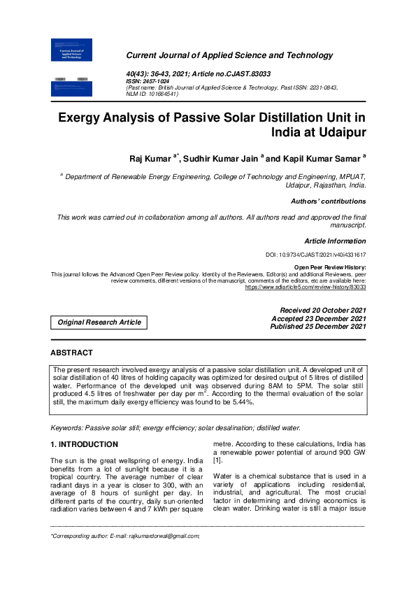 (PDF) Exergy Analysis of Passive Solar Distillation Unit in India at ...