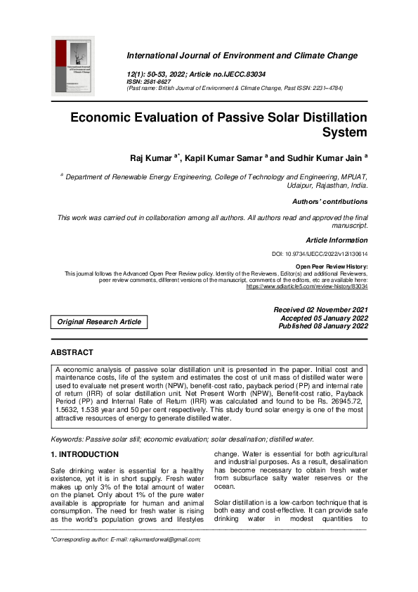 (PDF) Economic Evaluation of Passive Solar Distillation System