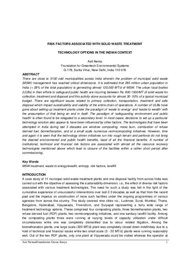 (PDF) Asit Nema\Foundation Green-Ensys 1 RISK FACTORS ASSOCIATED WITH ...