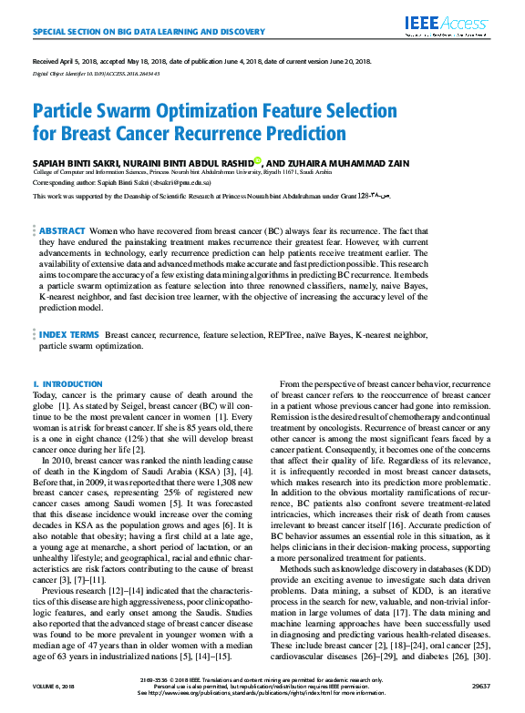 Pdf Particle Swarm Optimization Feature Selection For The Classification Of Conducting