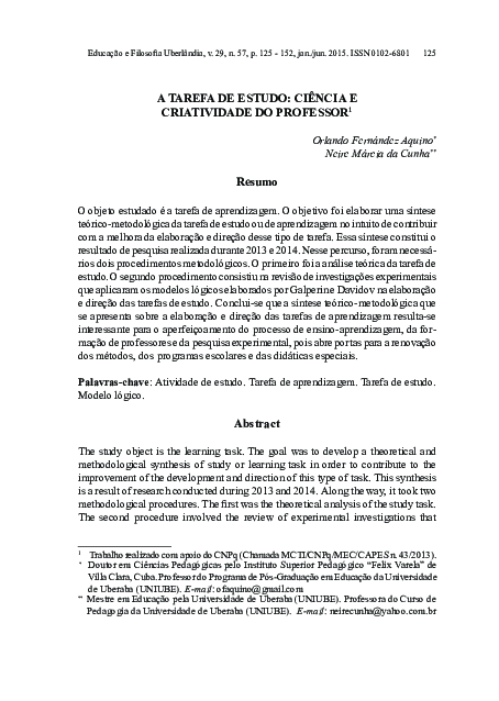 (PDF) A Tarefa De Estudo: Ciência e Criatividade Do Professor