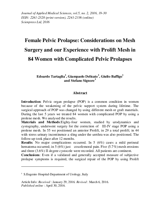 (PDF) Female Pelvic Prolapse: Considerations on Mesh Surgery and our ...