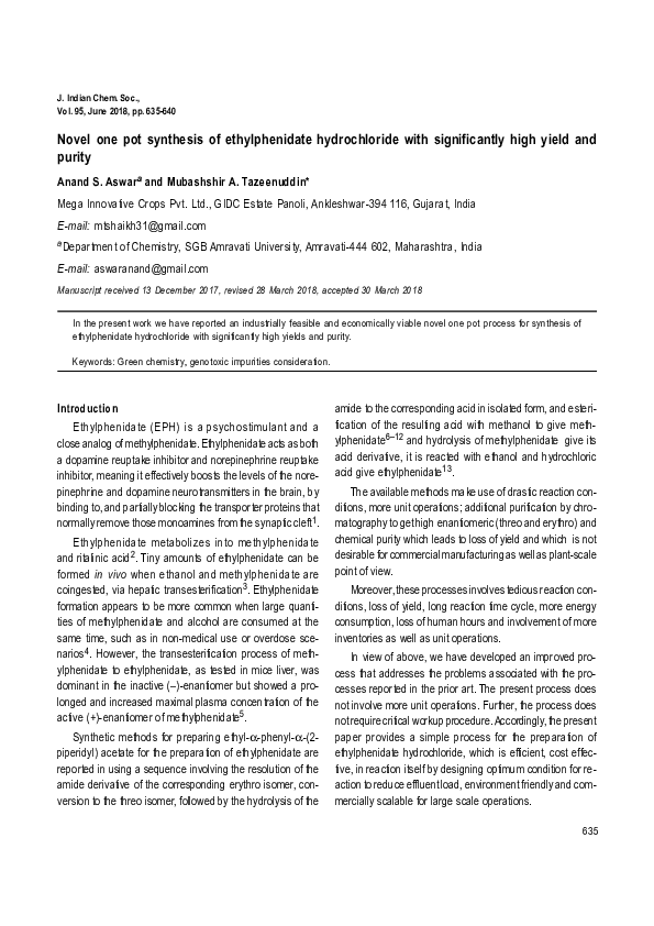 (PDF) Novel one pot synthesis of ethylphenidate hydrochloride with ...