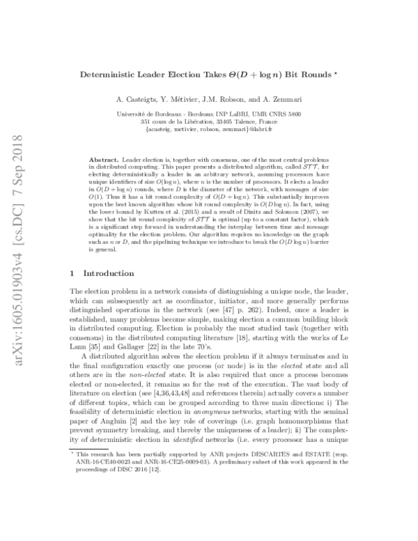 (PDF) Deterministic Leader Election Takes Θ(D + n) Bit Rounds
