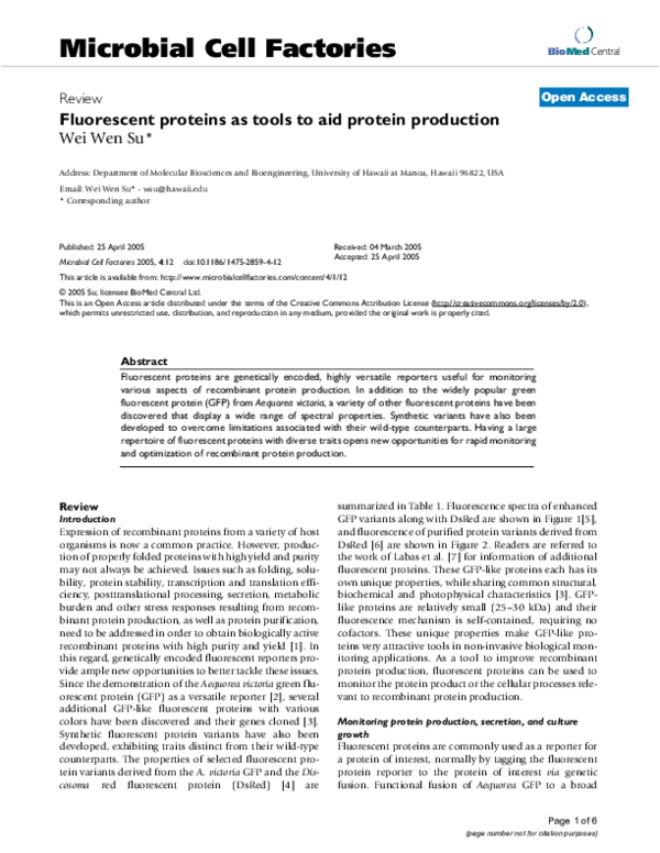 (PDF) Fluorescent proteins as tools to aid protein production | Winston ...