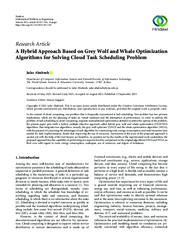 Pdf A Hybrid Approach Based On Grey Wolf And Whale Optimization Algorithms For Solving Cloud