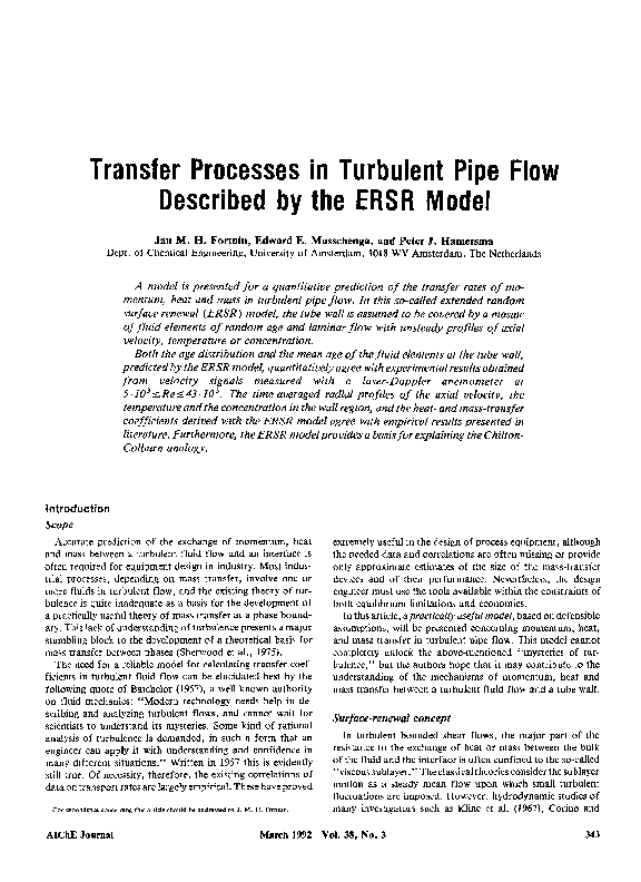 (PDF) Transfer processes in turbulent pipe flow described by the ERSR model | Peter Hamersma ...