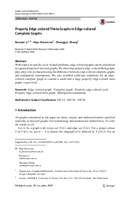(PDF) Properly Edge-colored Theta Graphs in Edge-colored Complete Graphs