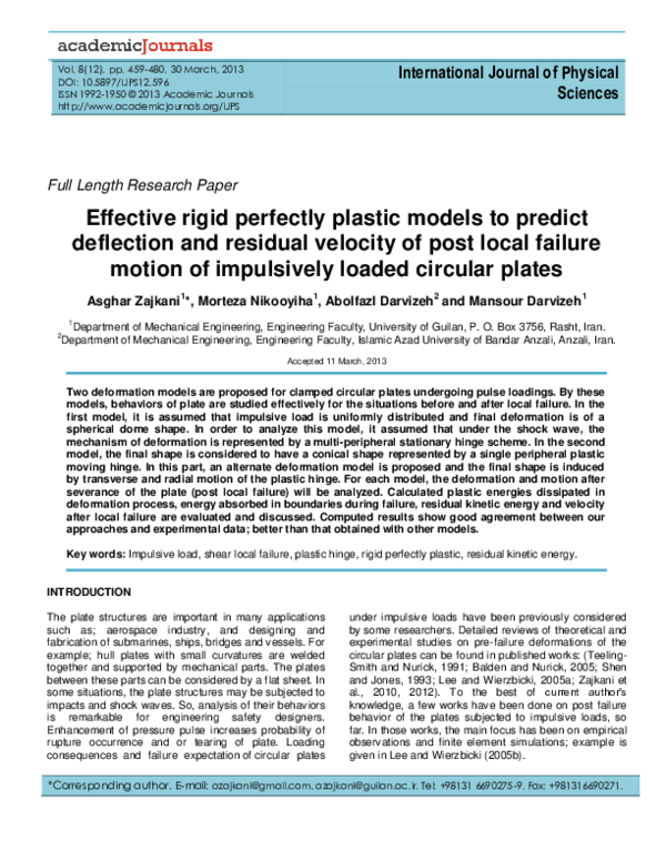 (PDF) Models for Deflection and Residual Velocity of Circular Plates