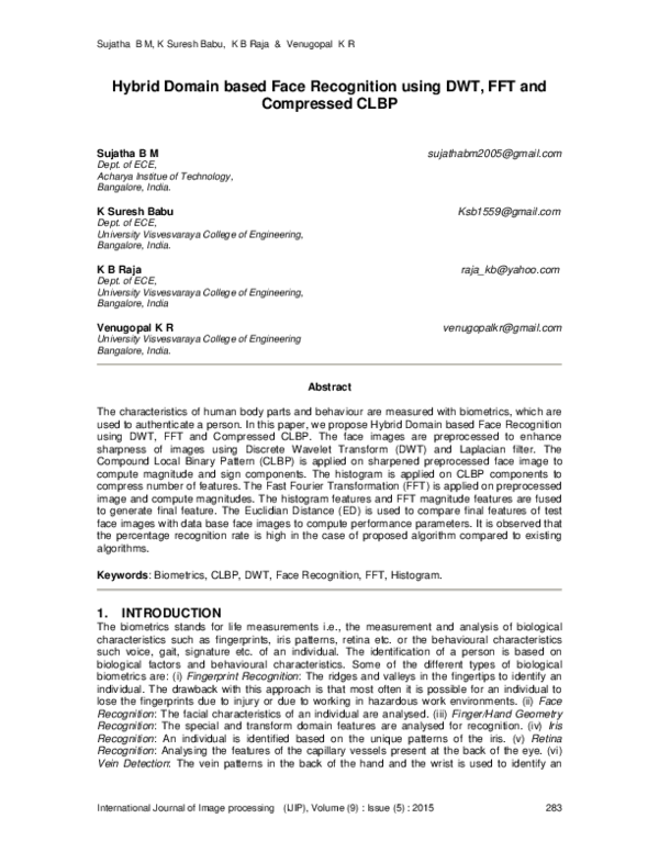 Pdf Hybrid Domain Based Face Recognition Using Dwt Fft And Compressed Suresh Babu