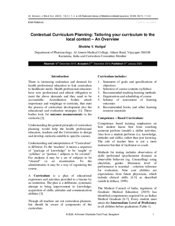 (PDF) Contextual Curriculum Planning: Tailoring your curriculum to the ...