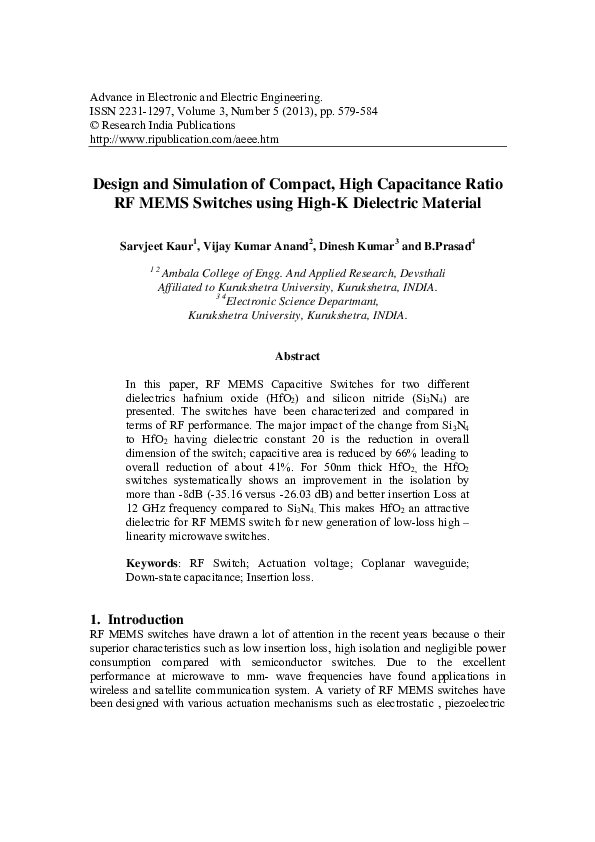 (PDF) Design and Simulation of Compact , High Capacitance Ratio RF MEMS Switches using High-K ...