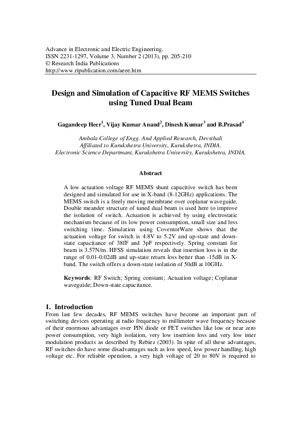 Pdf Design And Simulation Of Capacitive Rf Mems Switches Using Tuned Dual Beam Vijay Kumar