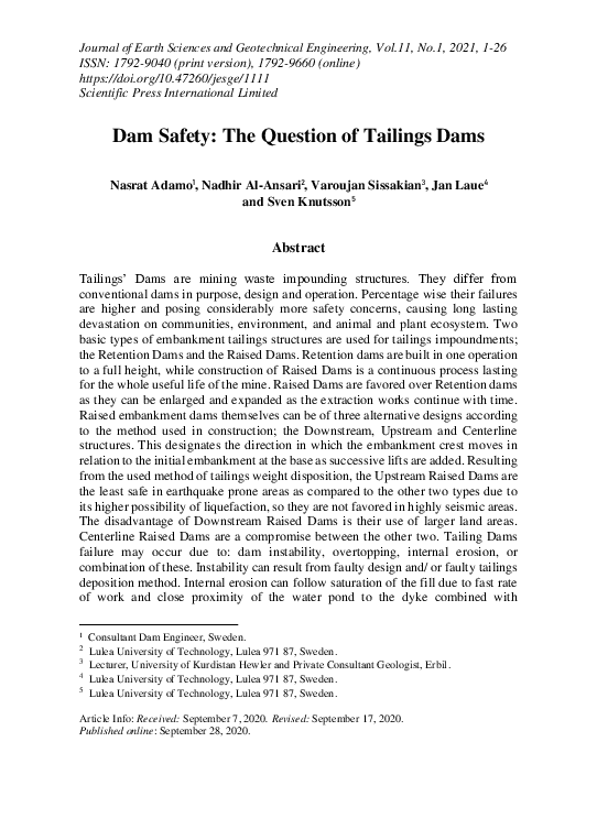 (PDF) Dam Safety: The Question of Tailings Dams
