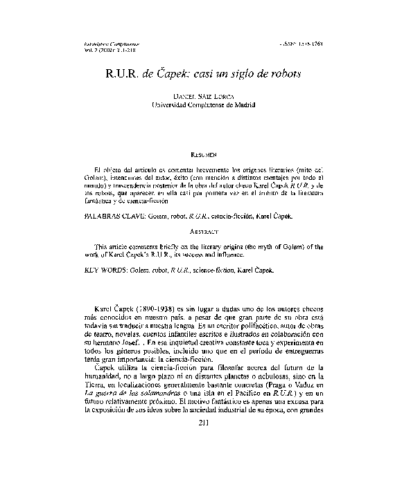 (PDF) R. U. R. de Capek: casi un siglo de robots