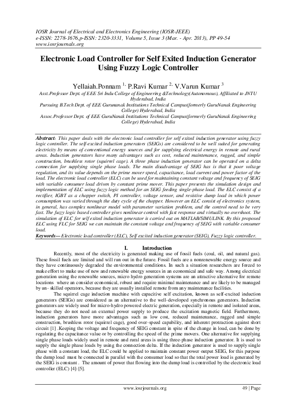 Pdf Electronic Load Controller For Self Exited Induction Generator Using Fuzzy Logic Controller