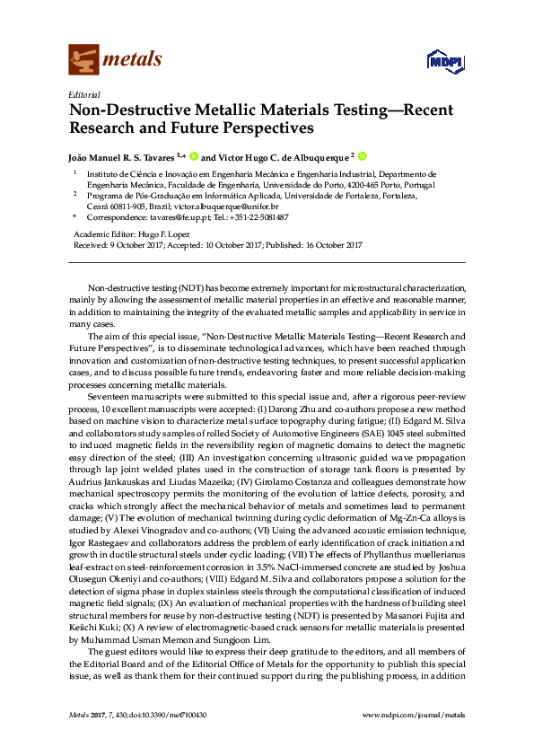 Pdf Non Destructive Metallic Materials Testing—recent Research And Future Perspectives