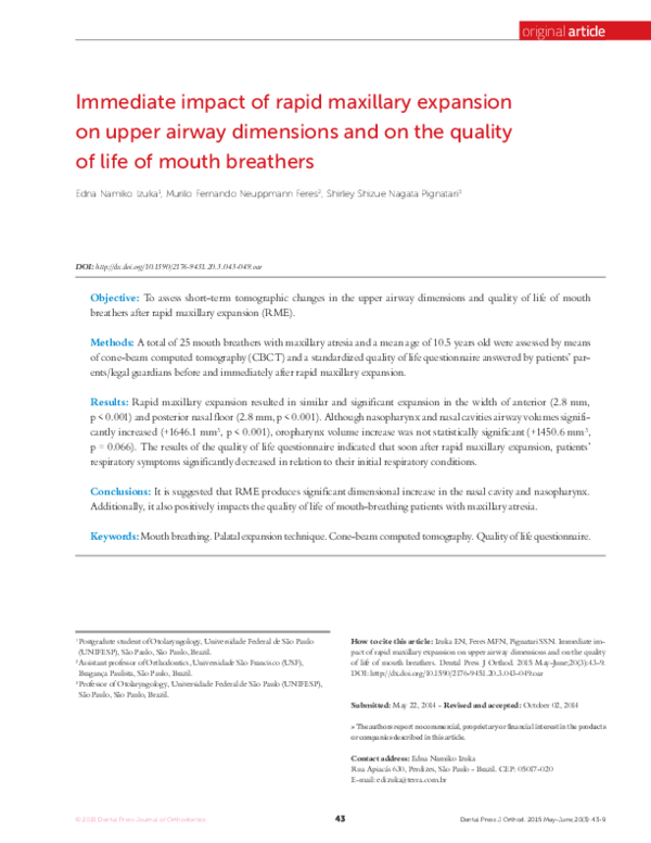 (PDF) Immediate impact of rapid maxillary expansion on upper airway dimensions and on the ...