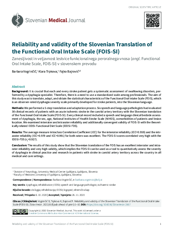 (PDF) Reliability and validity of the Slovenian Translation of the ...