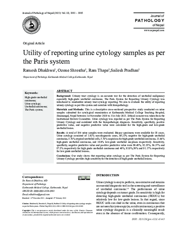 (PDF) Utility of reporting urine cytology samples as per the Paris system