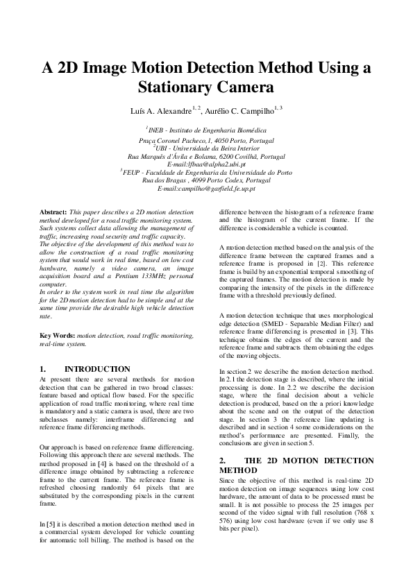 Pdf A 2d Image Motion Detection Method Using A Stationary Camera