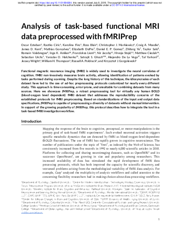 (PDF) Analysis of task-based functional MRI data preprocessed with fMRIPrep