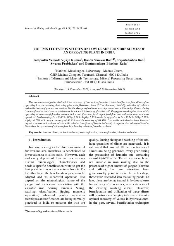 (PDF) Column Flotation Studies on Low Grade Iron Ore Slimes of an ...