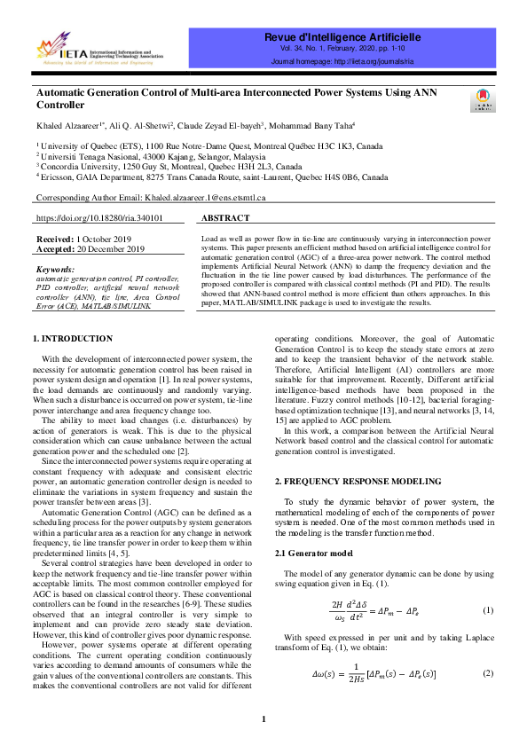 Pdf Automatic Generation Control Of Multi Area Interconnected Power Systems Using Ann Controller