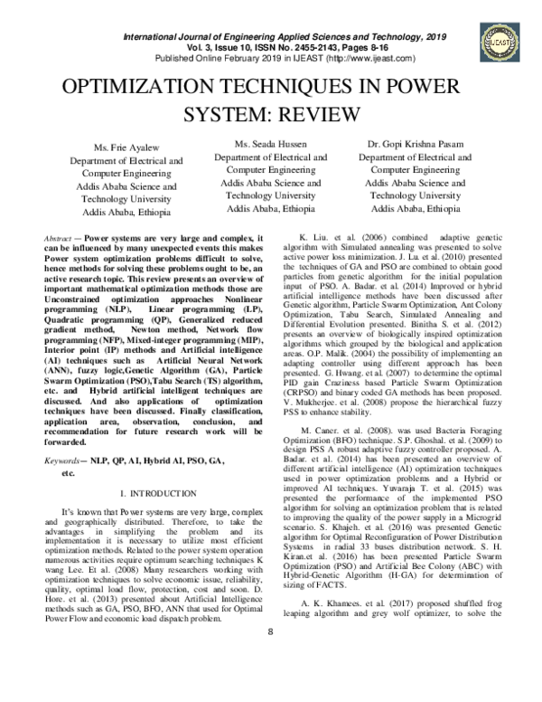 (PDF) Optimization Techniques in Power System: Review