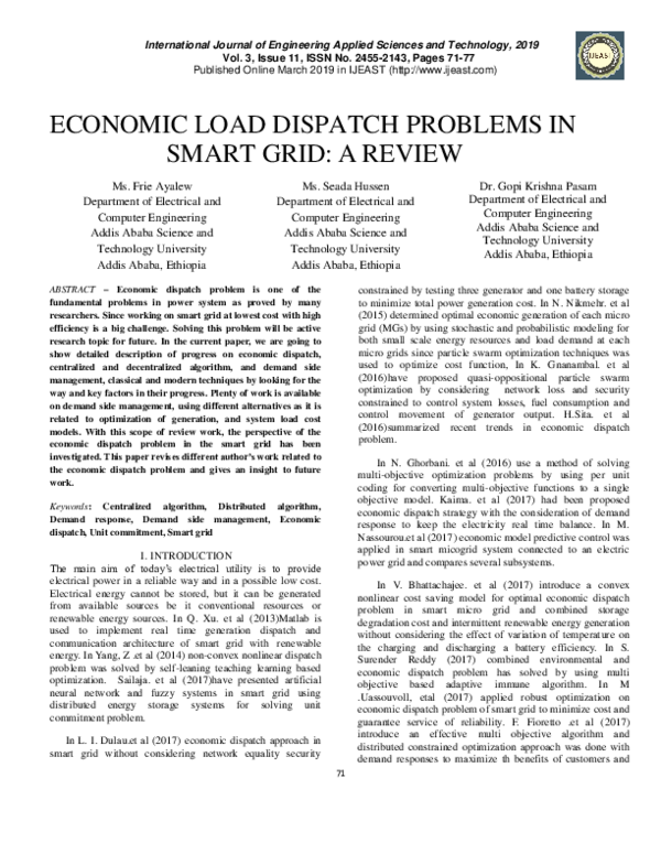 (PDF) Economic Load Dispatch Problems in Smart Grid: A Review