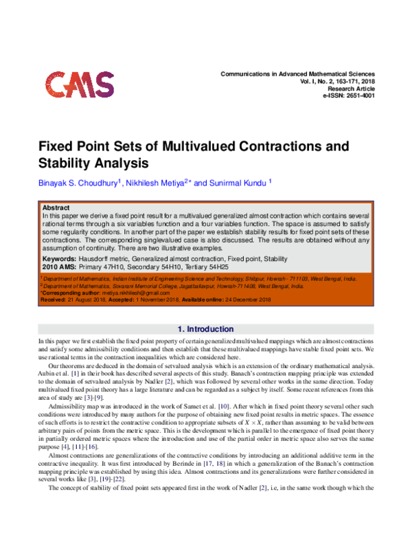 (PDF) Fixed Point Sets of Multivalued Contractions and Stability Analysis
