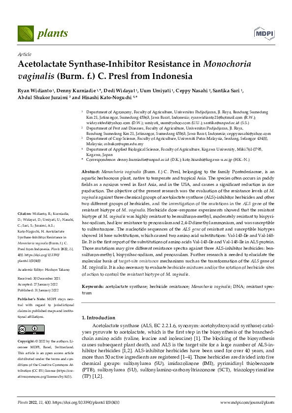 (PDF) Acetolactate Synthase-Inhibitor Resistance in Monochoria vaginalis (Burm. f.) C. Presl ...