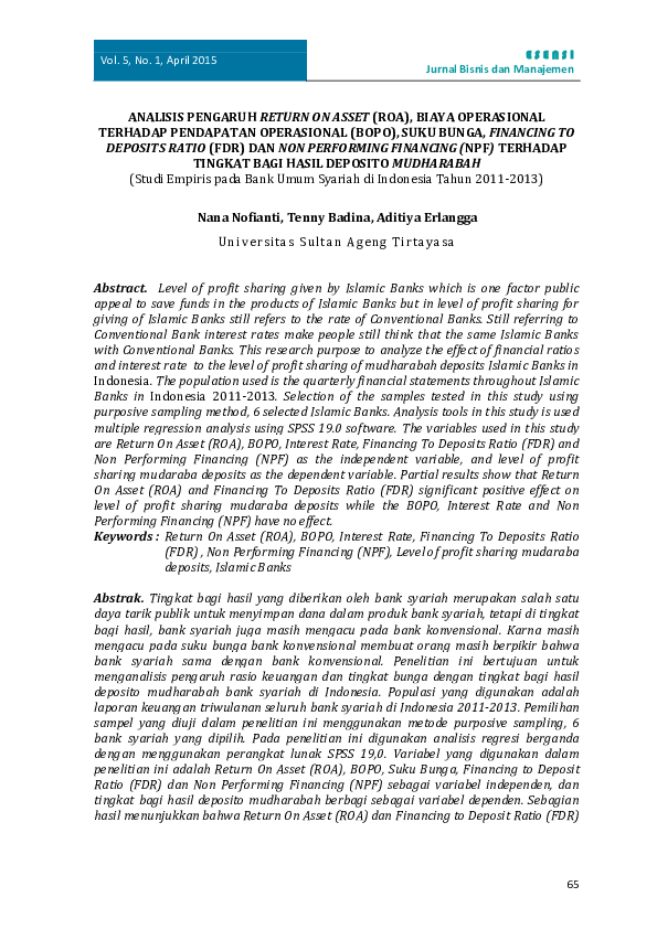 (PDF) ANALISIS PENGARUH RETURN ON ASSET (ROA), BIAYA OPERASIONAL TERHADAP PENDAPATAN OPERASIONAL ...