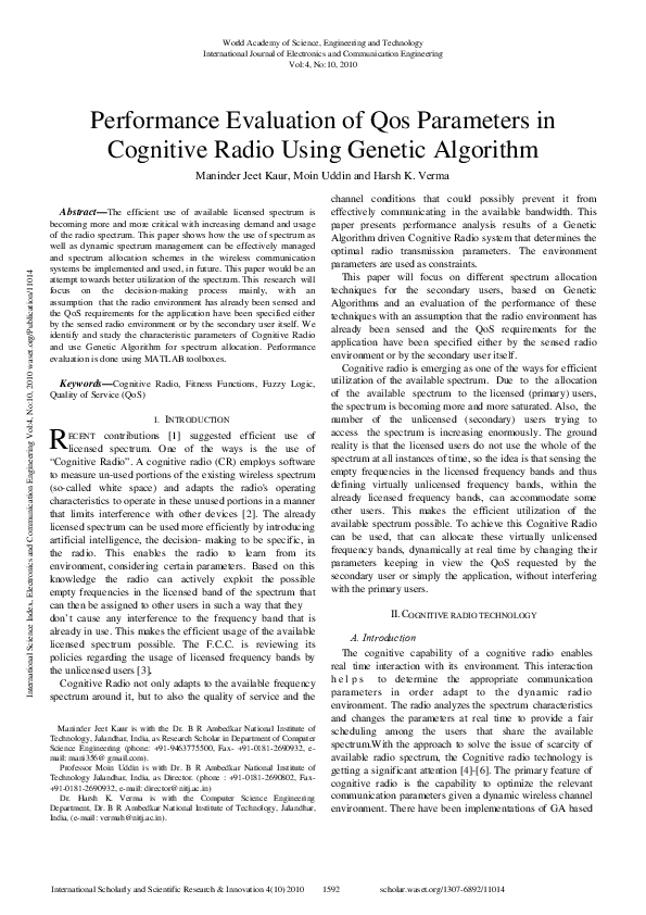 (PDF) Performance Evaluation Of Qos Parameters In Cognitive Radio Using Genetic Algorithm