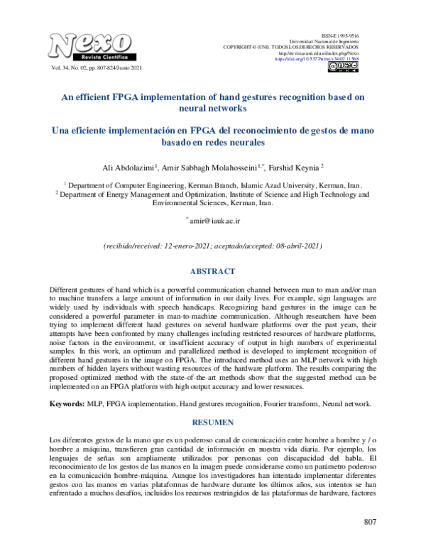 Pdf An Efficient Fpga Implementation Of Hand Gestures Recognition Based On Neural Networks