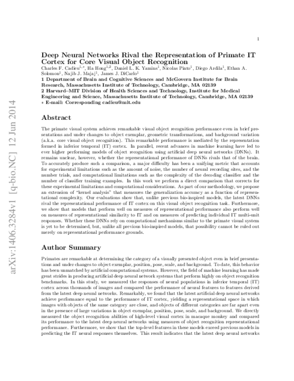 Pdf Deep Neural Networks Rival The Representation Of Primate It Cortex For Core Visual Object
