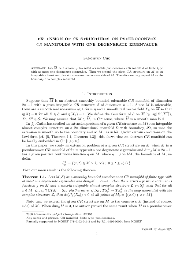 (PDF) Extension of CR structures on pseudoconvex CR manifolds with one ...