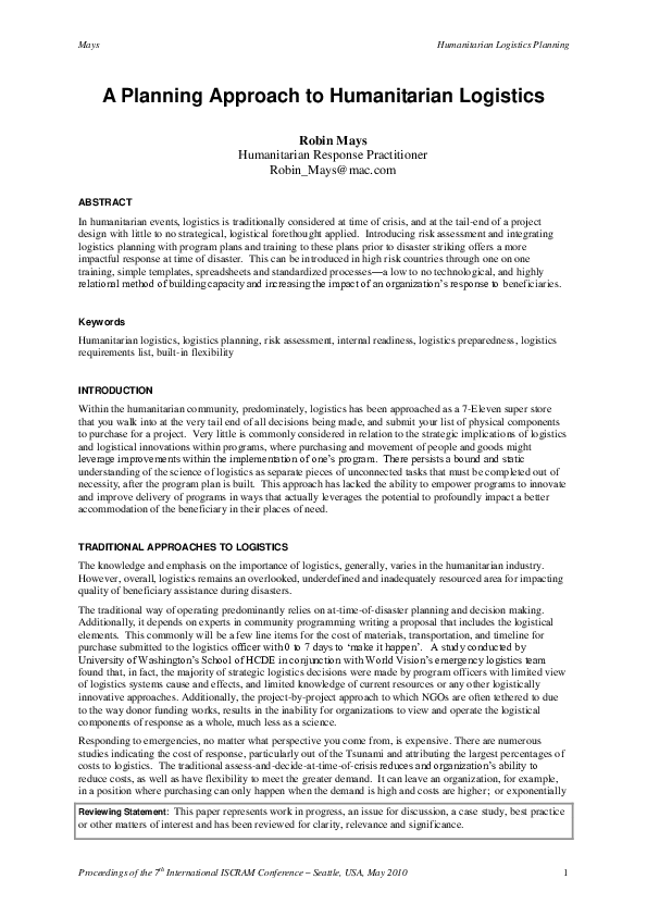(PDF) A planning approach to humanitarian logistics