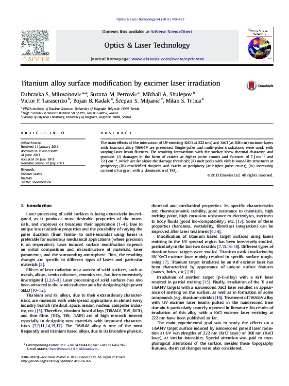 (PDF) Titanium alloy surface modification by excimer laser irradiation
