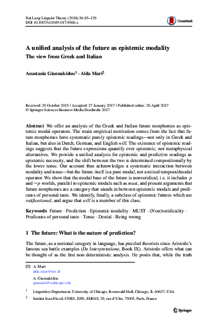 (PDF) A unified analysis of the future as epistemic modality