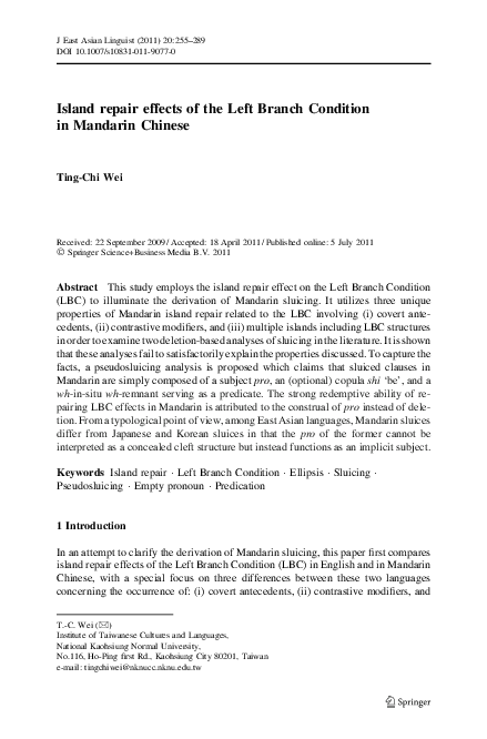 (PDF) Island repair effects of the Left Branch Condition in Mandarin ...