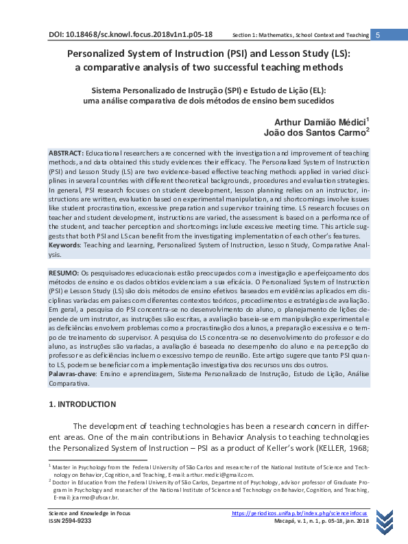 (PDF) Personalized System of Instruction (PSI) and Lesson Study (LS): a ...