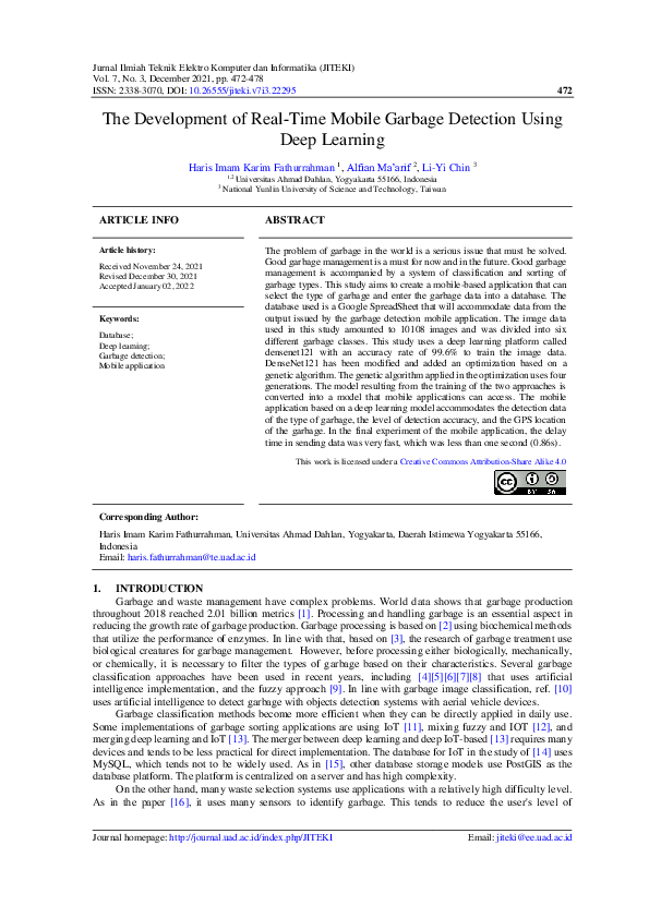 The Development Of Real Time Mobile Garbage Detection Using Deep Learning