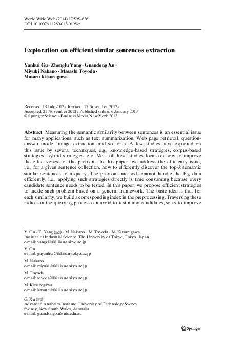 (PDF) Exploration on efficient similar sentences extraction