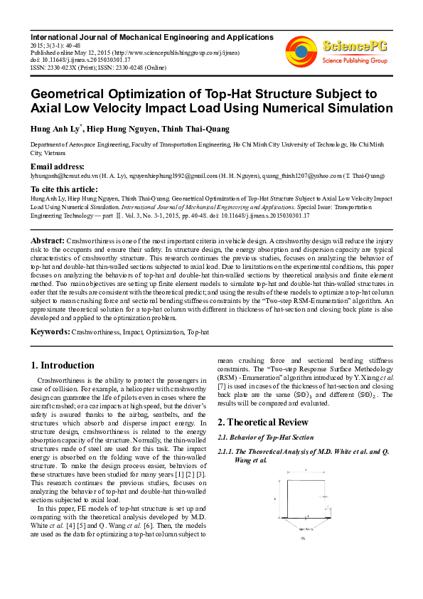 (PDF) Geometrical Optimization of Top-Hat Structure Subject to Axial Low Velocity Impact Load ...