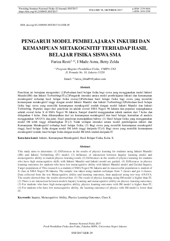 (PDF) Pengaruh Model Pembelajaran Inkuiri Dan Kemampuan Metakognitif Terhadap Hasil Belajar ...