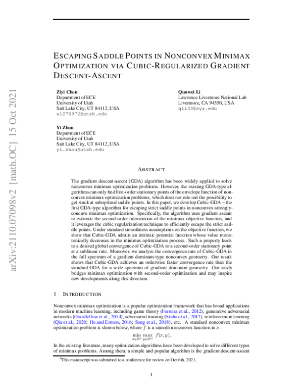 (PDF) Escaping Saddle Points in Nonconvex Minimax Optimization via Cubic-Regularized Gradient ...