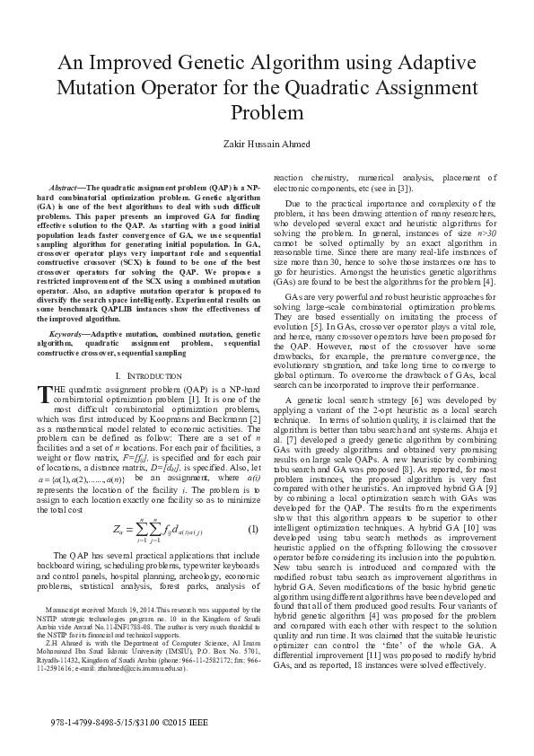 (PDF) An improved genetic algorithm using adaptive mutation operator for the quadratic ...
